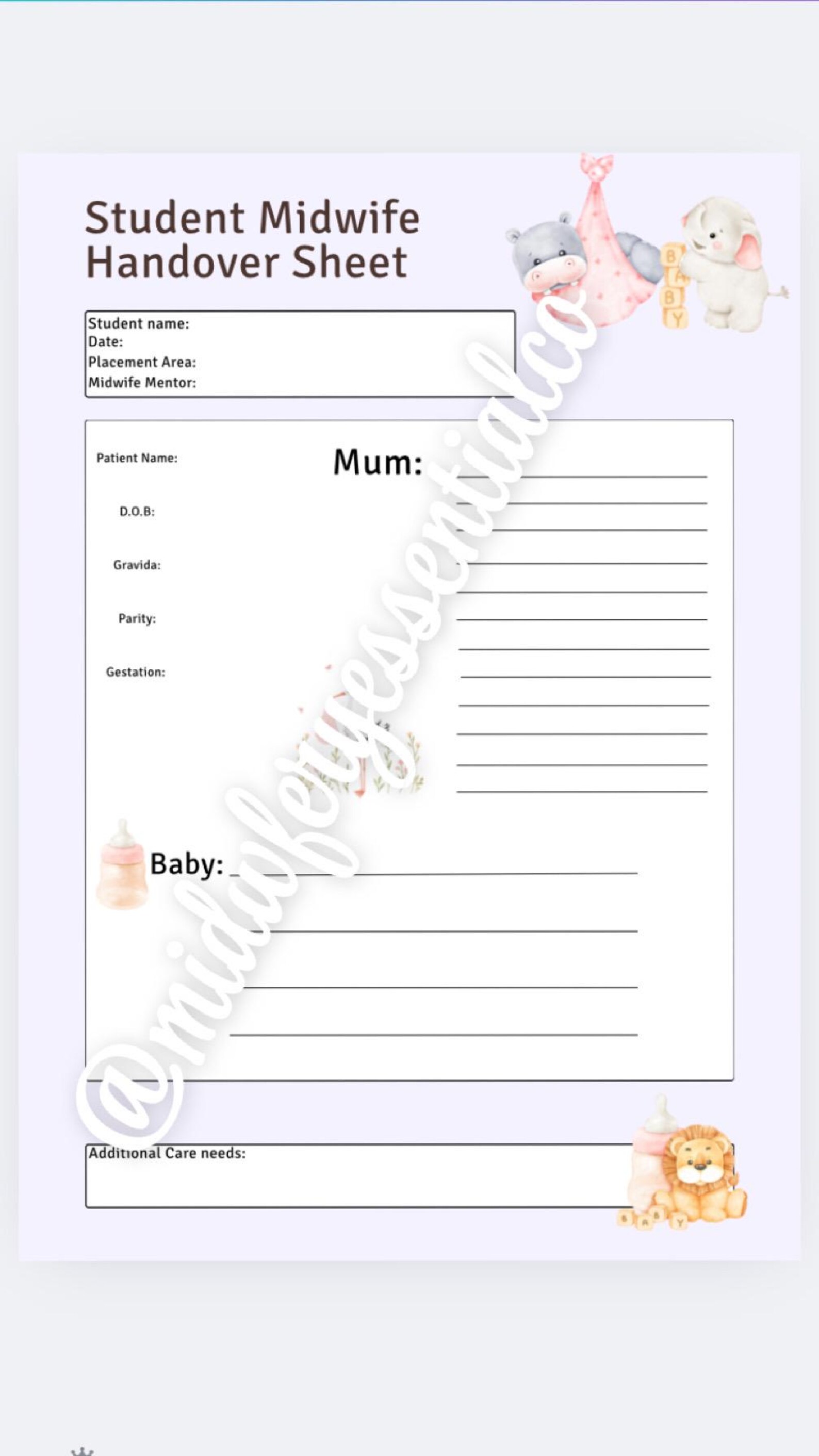 Student Midwife Handover Template: Digital Planner & Placement Guide ...
