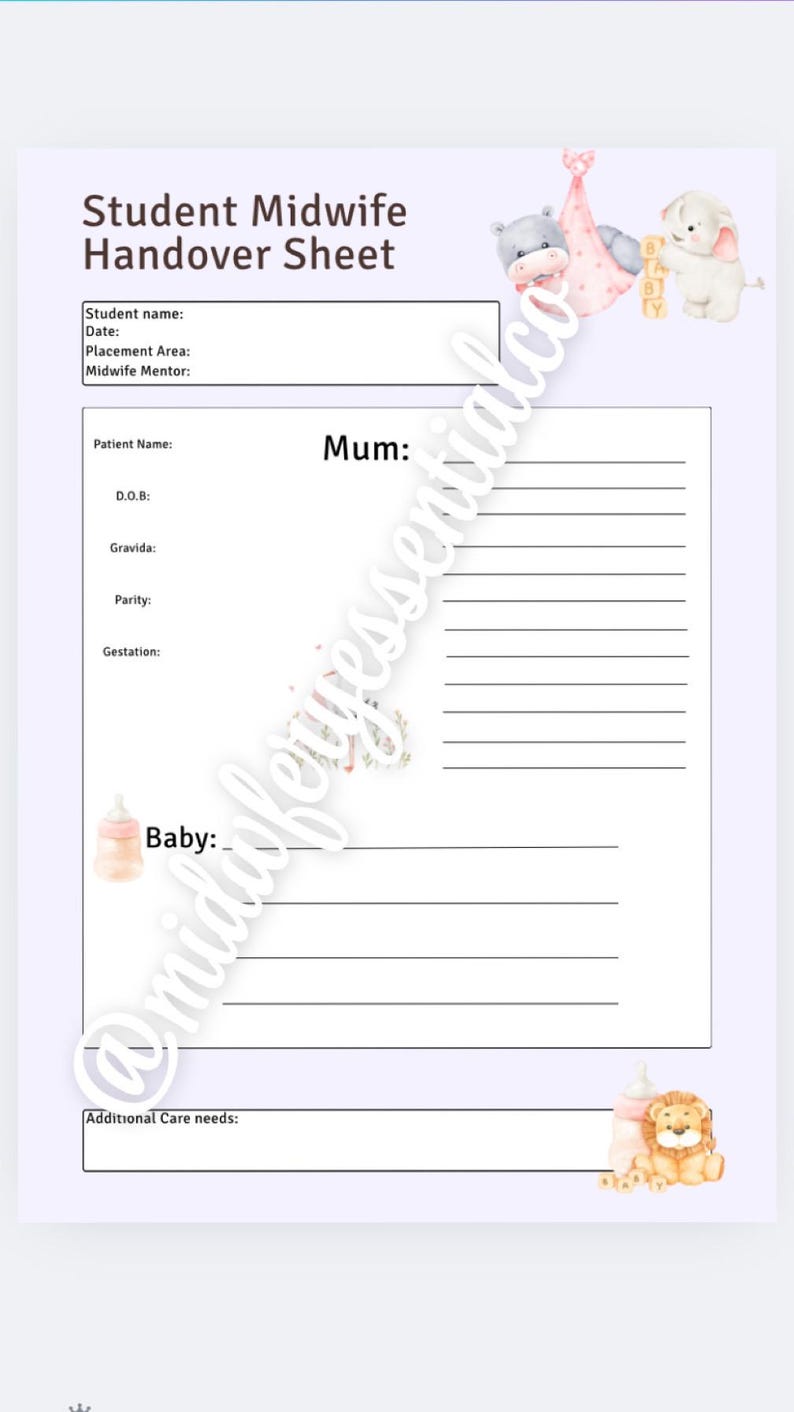 Student Midwife Handover Template: Digital Planner & Placement Guide ...
