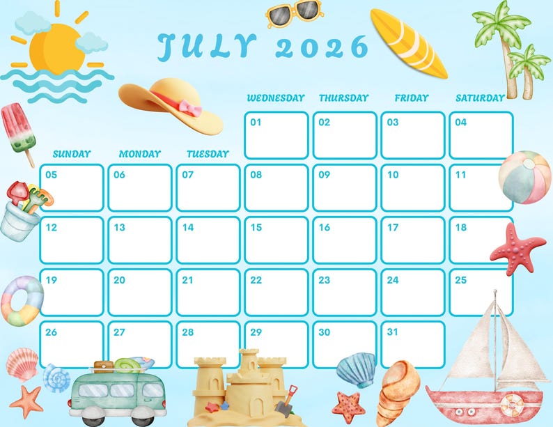 2026 JULY Monthly Calendar - Cute Printable 2026 Planner for Kids, Home ...