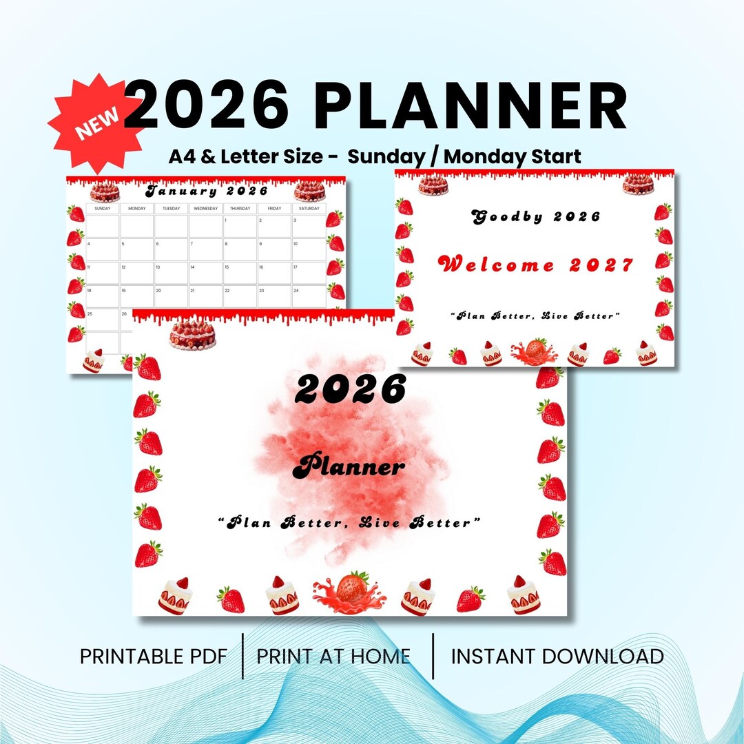 Strawberry 2026 Calendar – Printable 14-page Planner | A4 & Letter Size ...