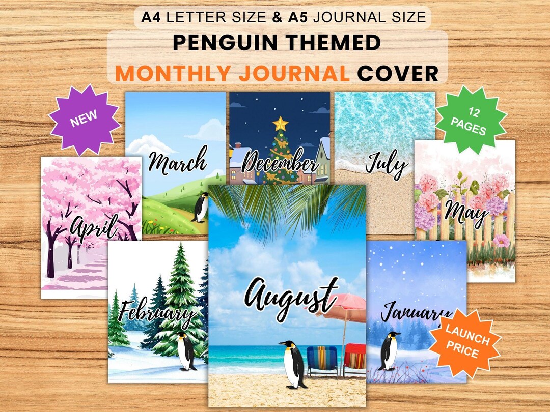 Monthly Journal Cover Pages, Penguin Themed, Cute Animal Journal Covers ...