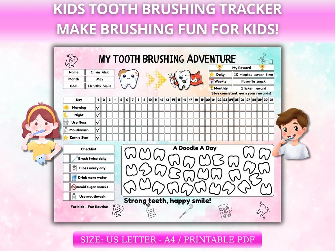 Printable Kids Tooth Brushing Tracker PDF | Dental Hygiene Chart for ...