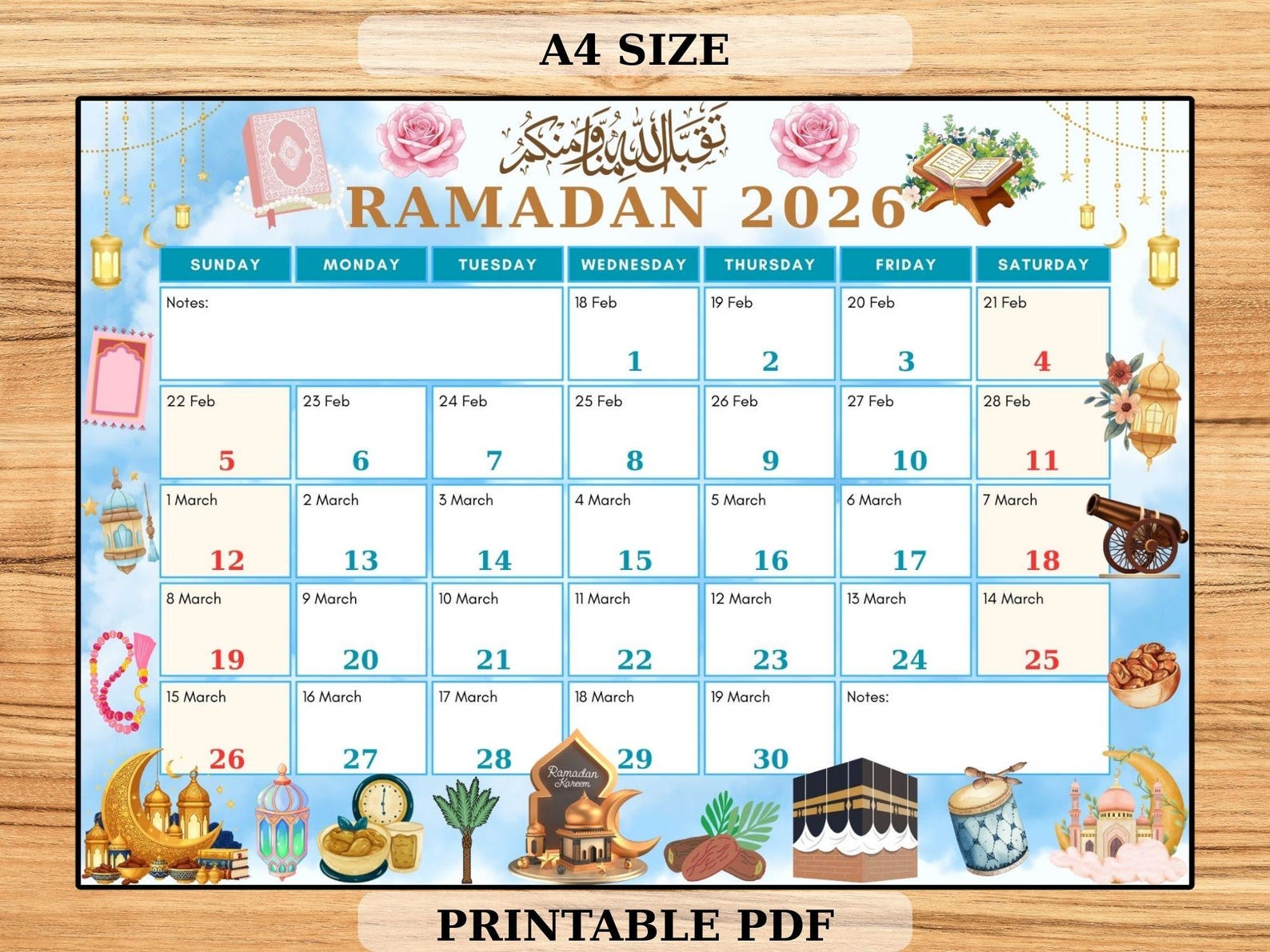 Ramadan Calendar 2026 Printable – Islamic Monthly Planner, Wall Desk ...