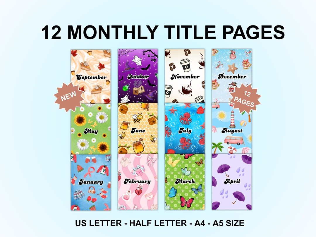 12 Months Title Page | Monthly Cover Page | Pre-coloured Printable ...