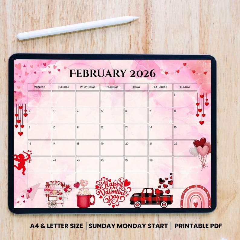February 2026 Calendar Page – Valentine’s Day Theme Printable | A4 ...