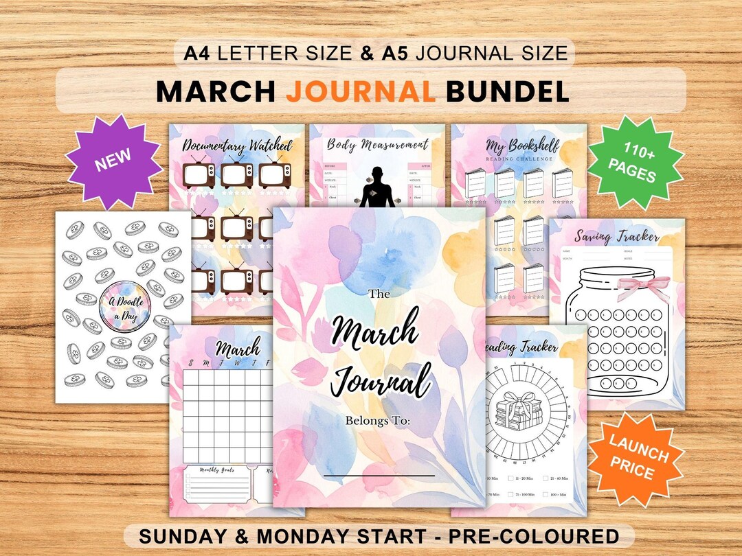 MARCH Journal Bundel - Printable Monthly Planner Organizer, Watercolor ...