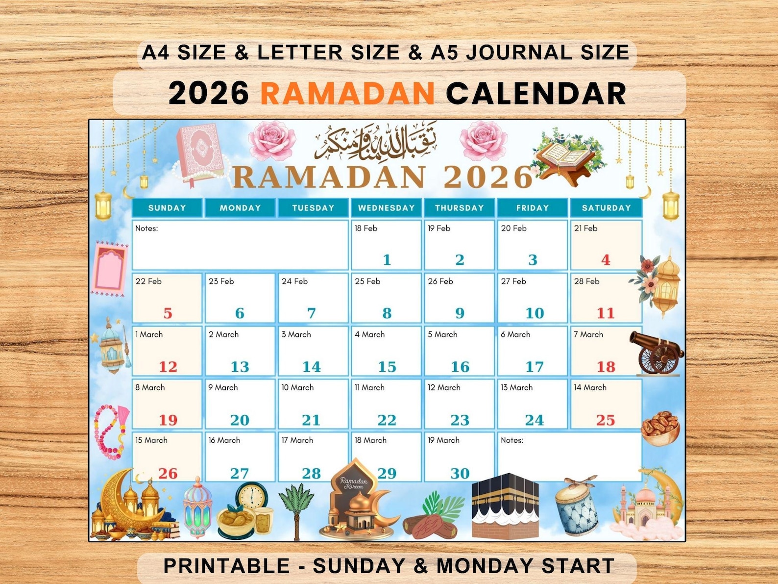 Ramadan Calendar 2026 Printable – Islamic Monthly Planner, Wall Desk ...