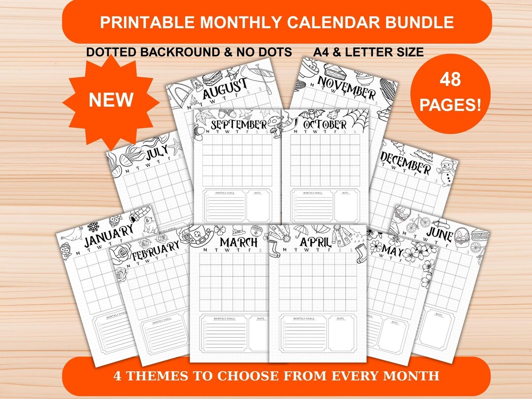 Printable Monthly Calendar Bundle – 12 Month Planner Pages – Journal ...