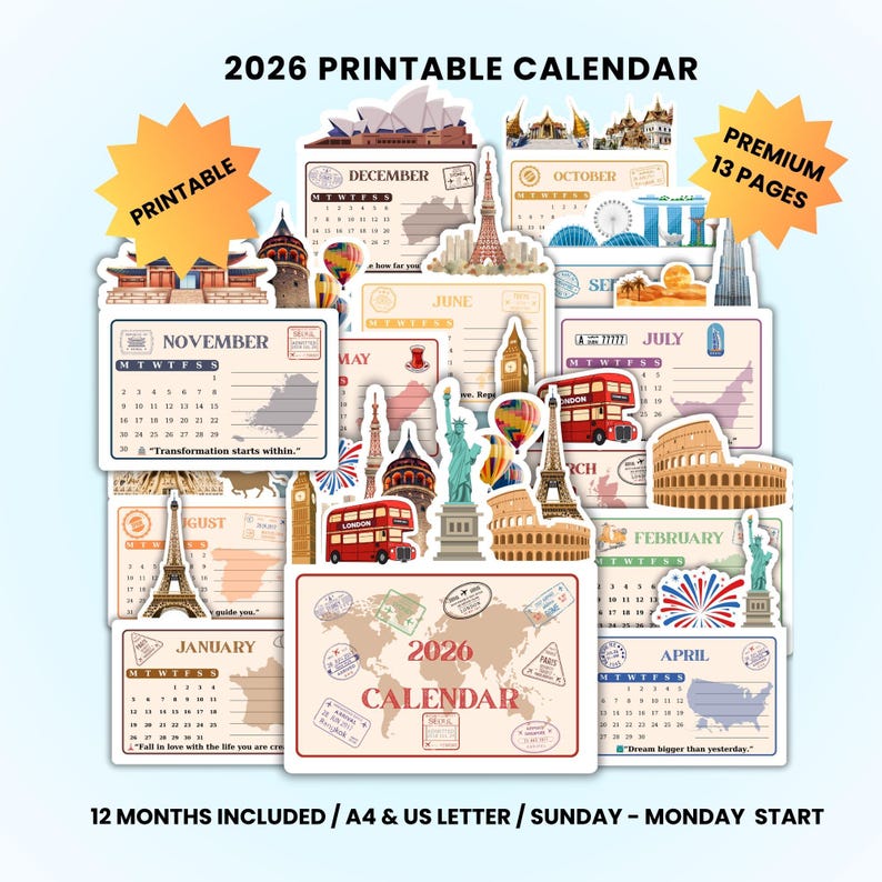 Calendrier de voyage 2026, calendrier 2026, calendrier imprimable, joli ...
