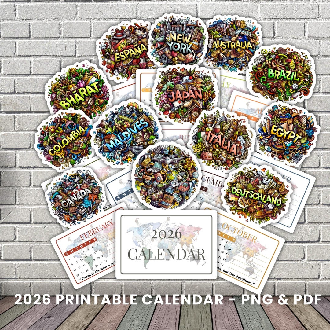 2026 Calendar – Travel Countries - Cut & Use Printable – Doodle Country ...