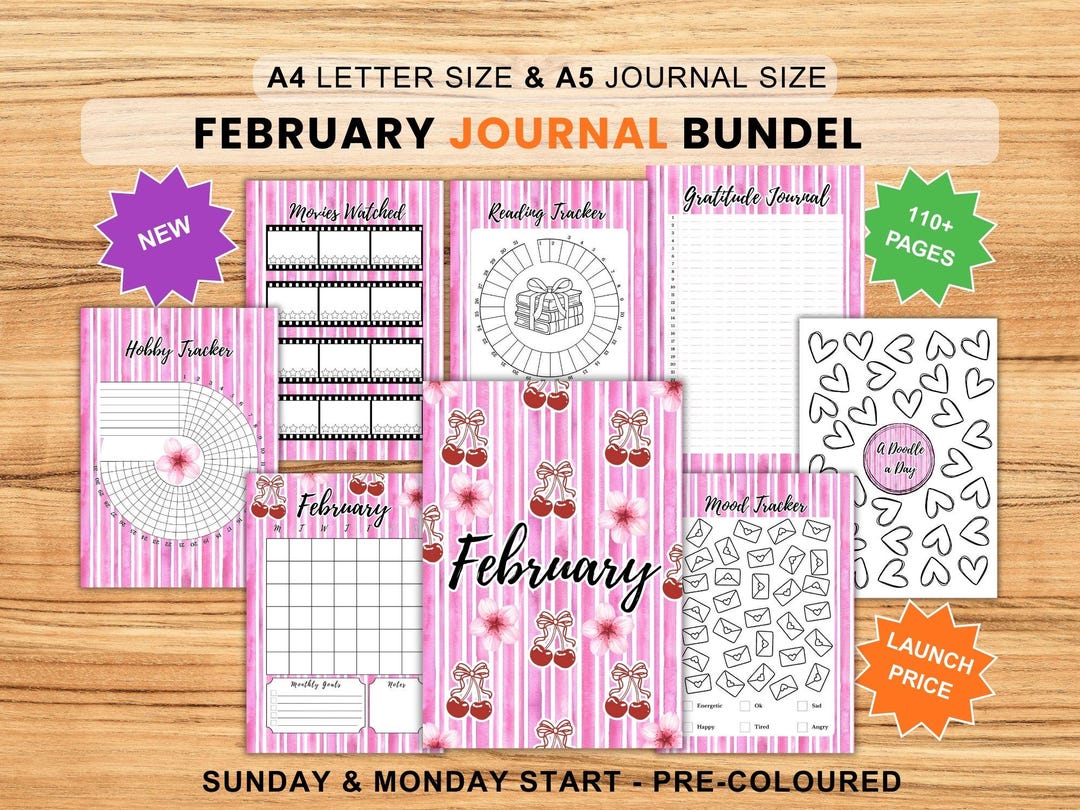 FEBRUARY Journal Bundel - Printable Monthly Planner Organizer, Cherry ...