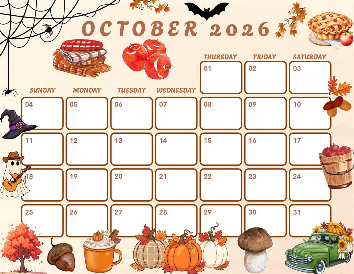 2026 October Monthly Calendar - Cute Printable 2026 Planner for Kids ...