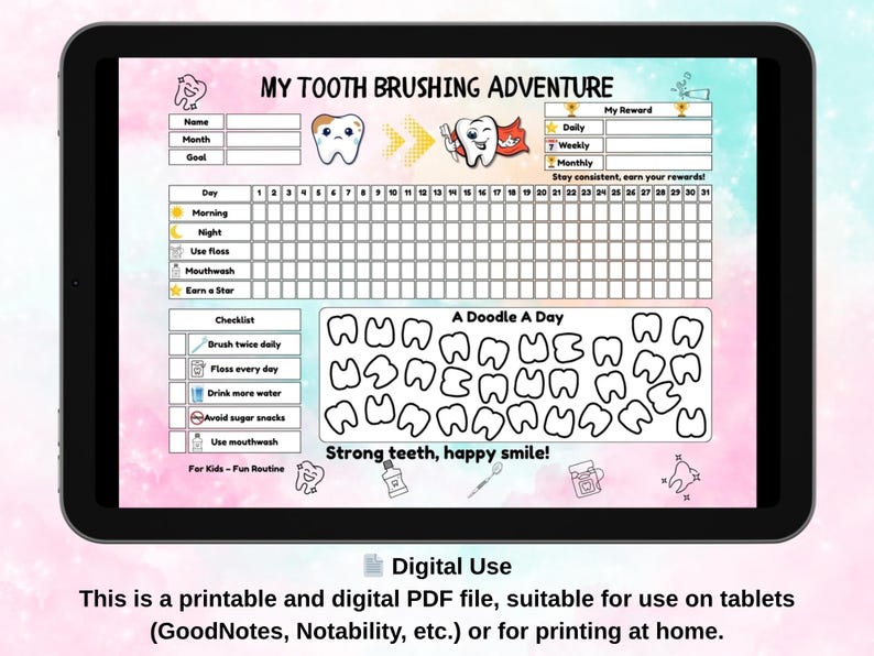 Printable Kids Tooth Brushing Tracker PDF | Dental Hygiene Chart for ...