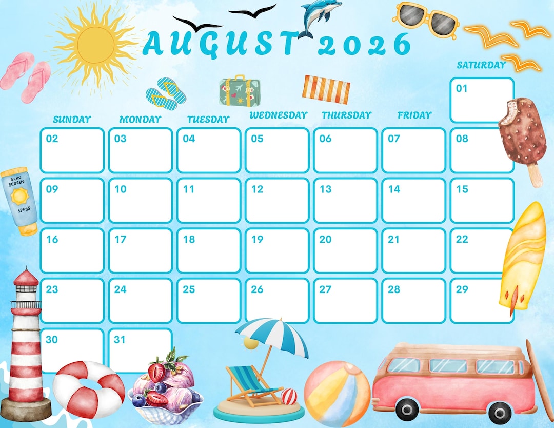 2026 August Monthly Calendar - Cute Printable 2026 Planner for Kids ...