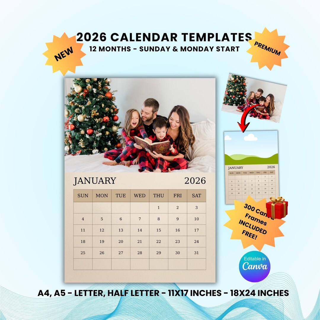 2026 Monthly Calendar Bundel - Photo Calendar Template: Editable ...