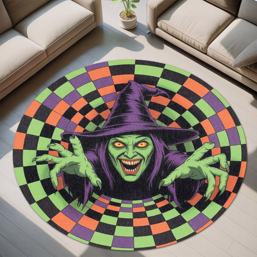 Halloween Witch 3D Printed Rug, Halloween Round Fannel Door Mat, Spooky ...