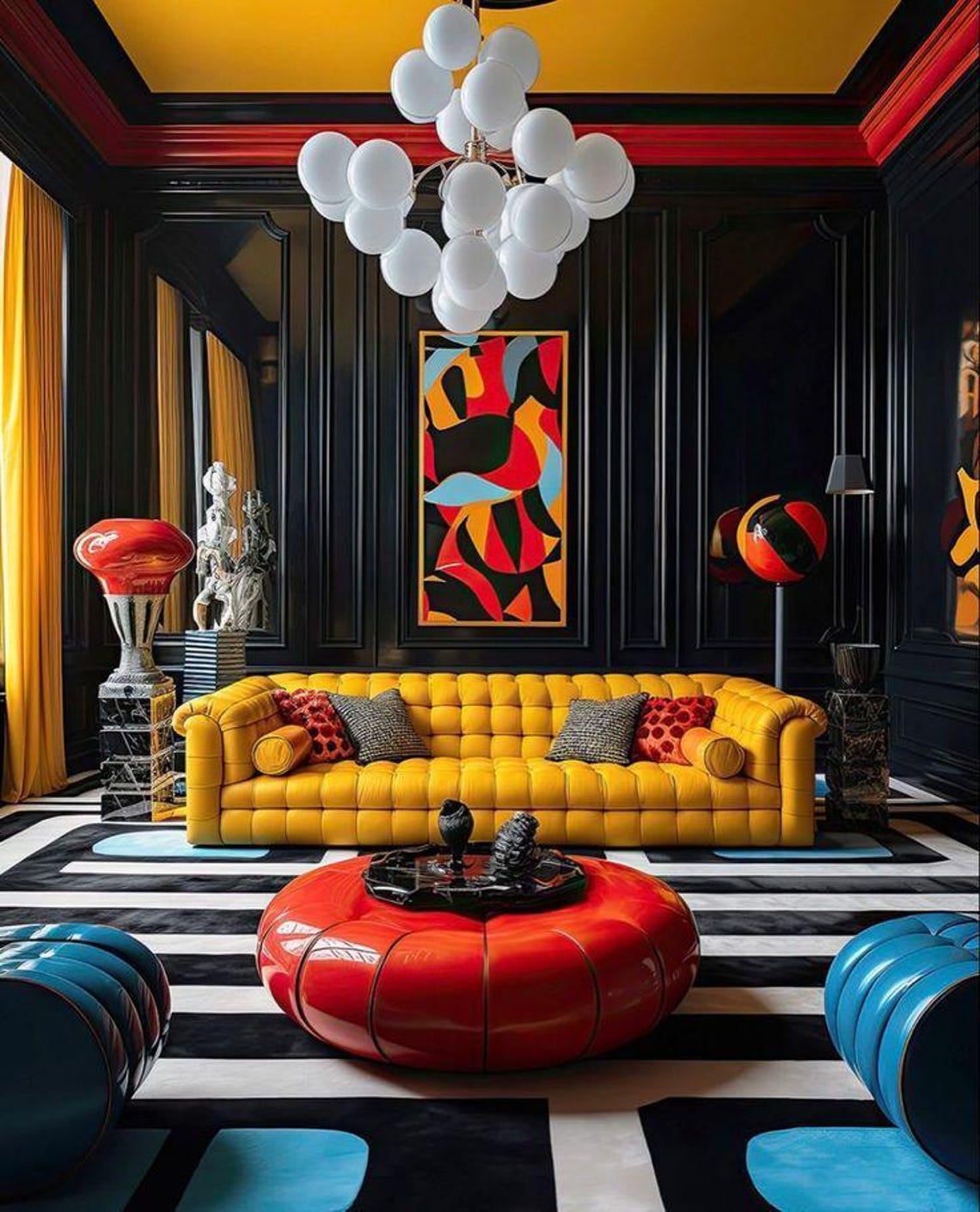 The Image Shows a Living Room With a Bold, High-contrast Color Scheme ...