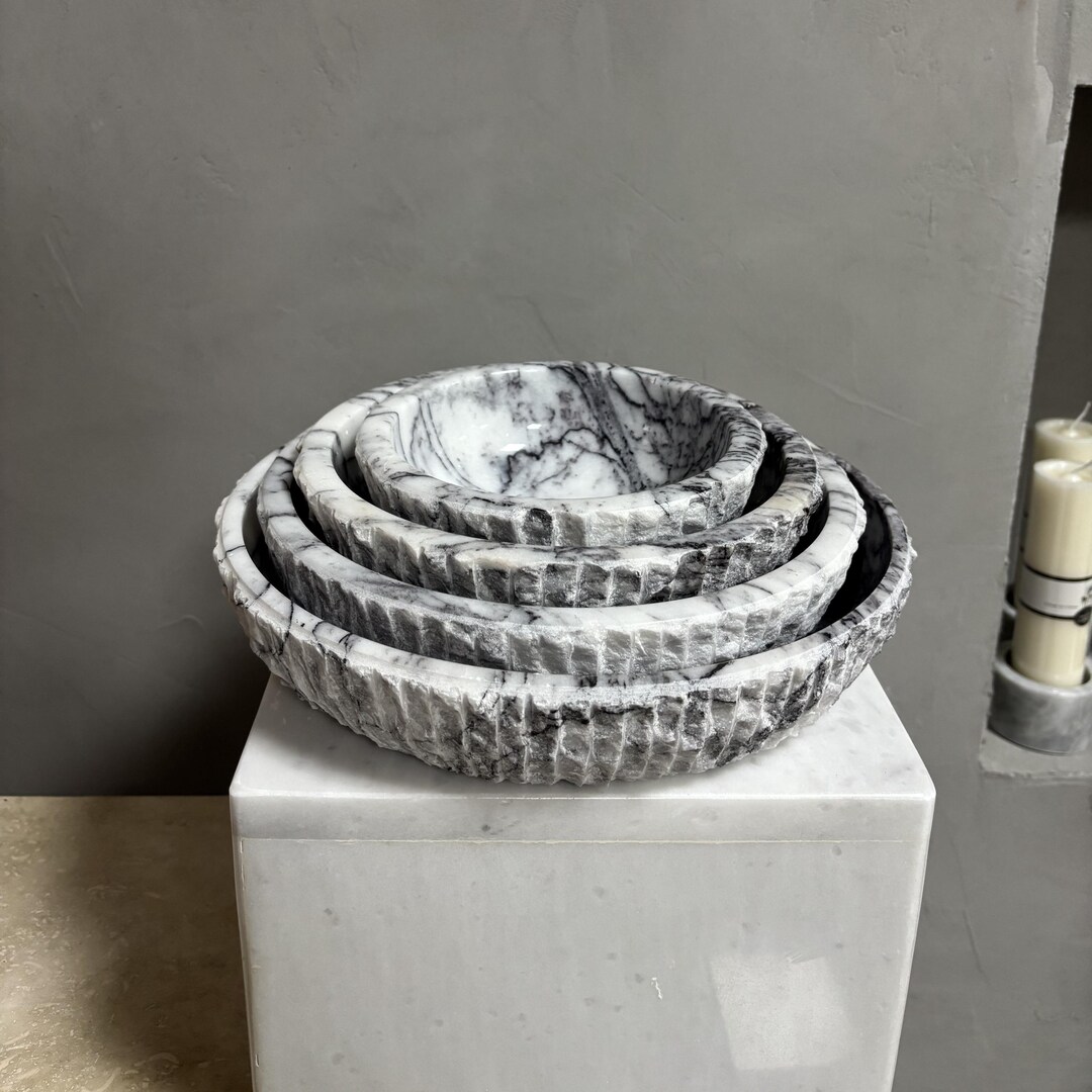 Handcrafted Arabescato Marble Bowl Set Natural Stone Serving Decor ...
