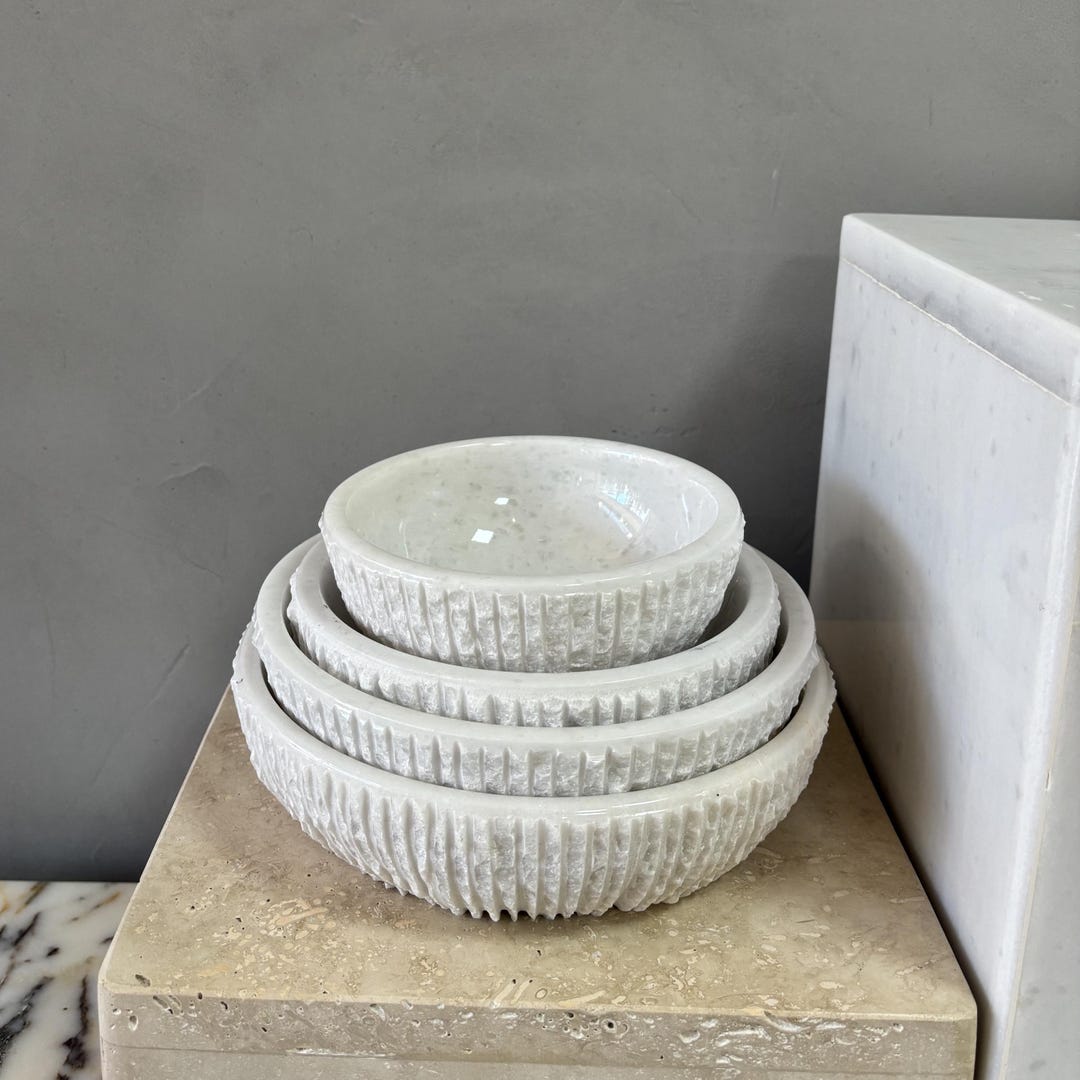 Mugla White Marble Bowls, Hand Carved Ribbed Stone Decorative Trays - Etsy