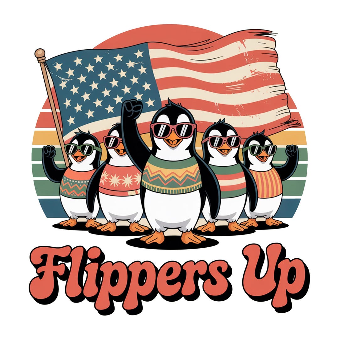 FLIPPERS UP Retro Penguin T-shirt Design Png | Vintage USA Flag Fist ...