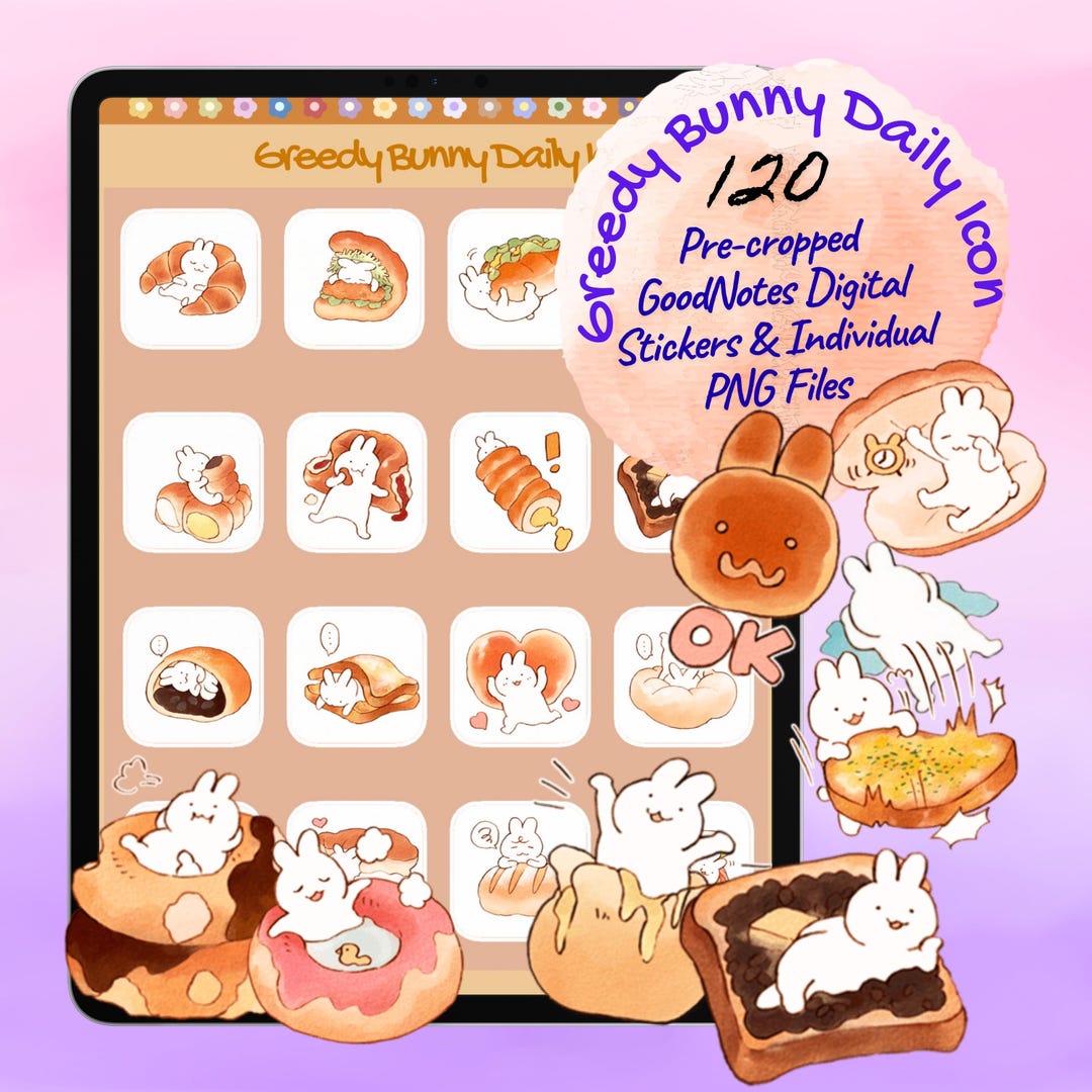 120 Cute Greedy Bunny Goodnotes Stickers, Pre-chopped PNG, Kids Teenage ...