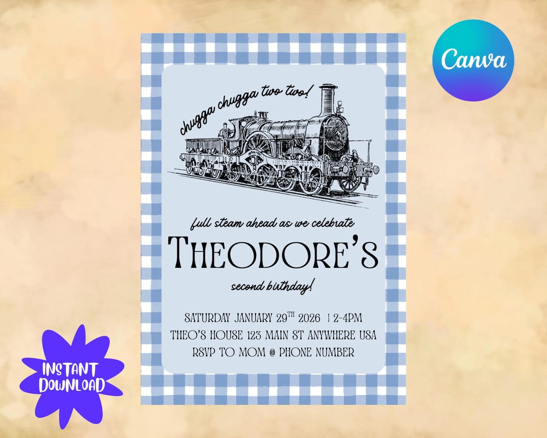 Train 2nd Birthday Invitation | Vintage Steam Engine, Blue Gingham ...