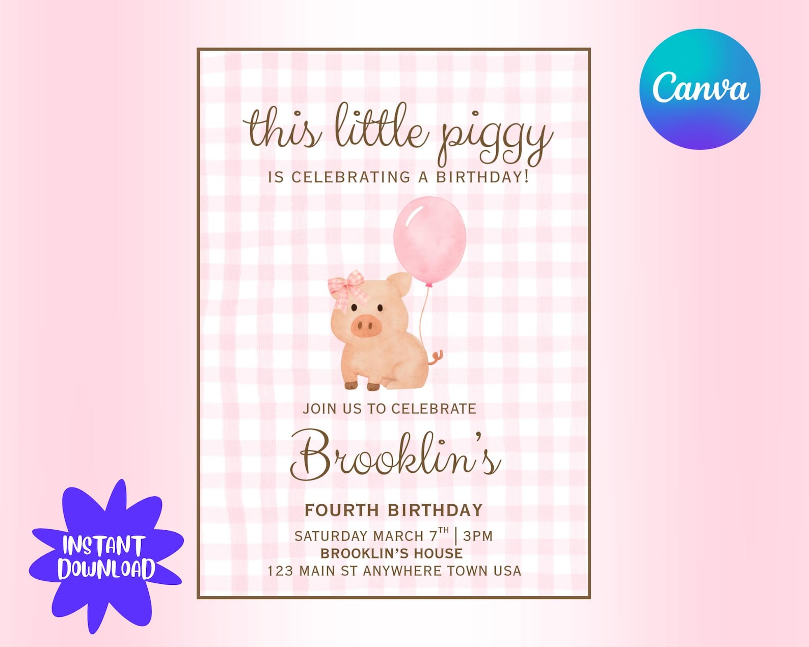 Pink Gingham Pig Birthday Invitation, Farm Party (5x7 Editable Template ...