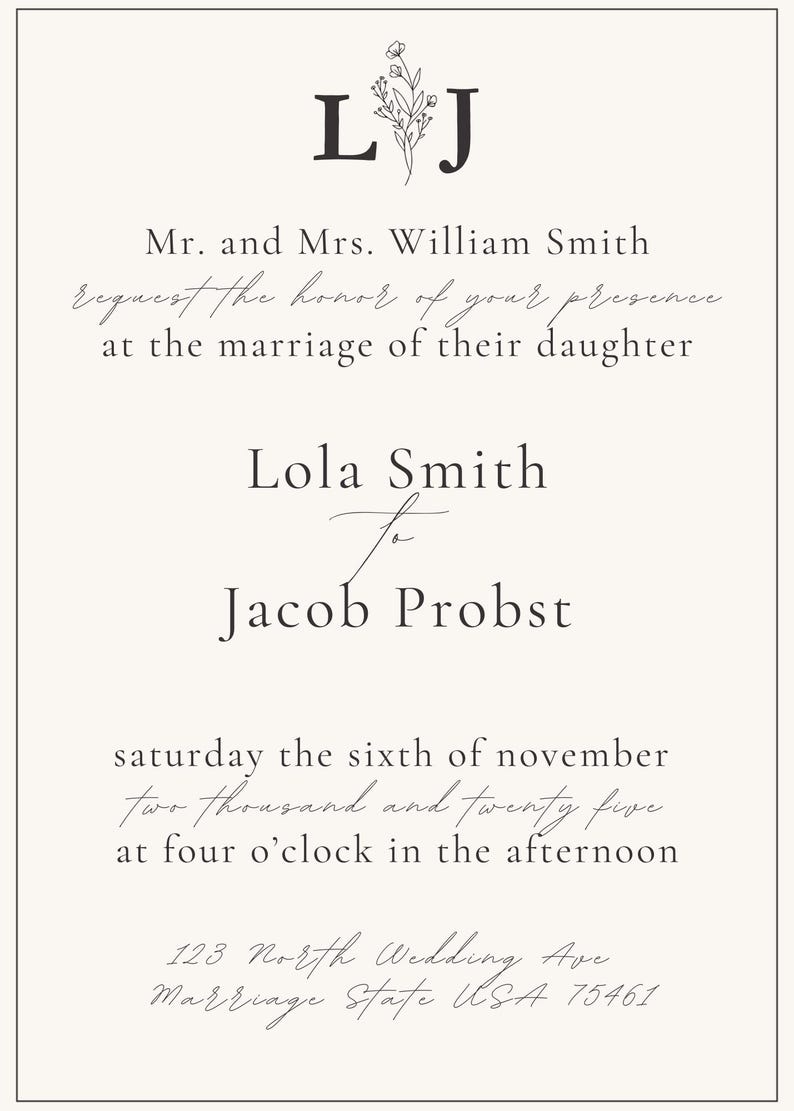 Minimalist Monogram Wedding Invitation Template: Elegant Floral Script ...