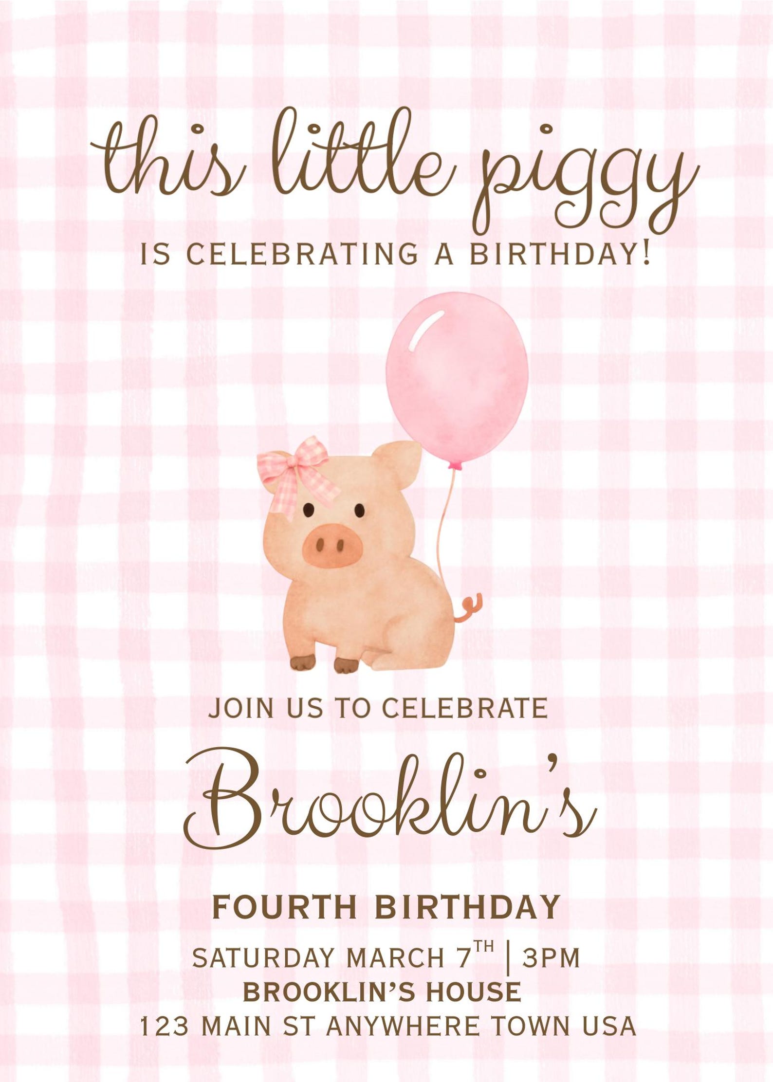Pink Gingham Pig Birthday Invitation, Farm Party (5x7 Editable Template ...