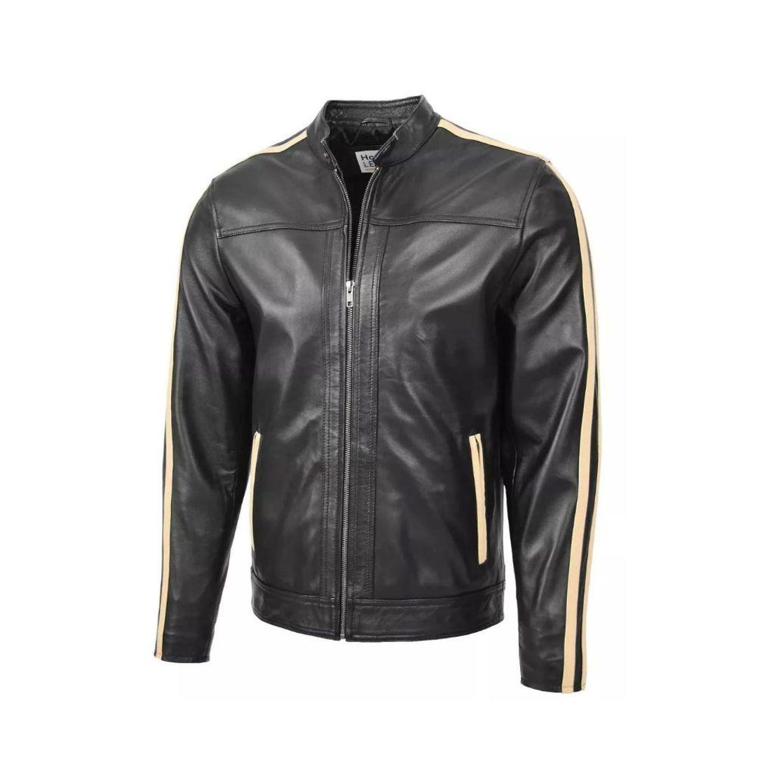 Handmade Men’s Black Leather Motorcycle Jacket With Racing Stripes ...