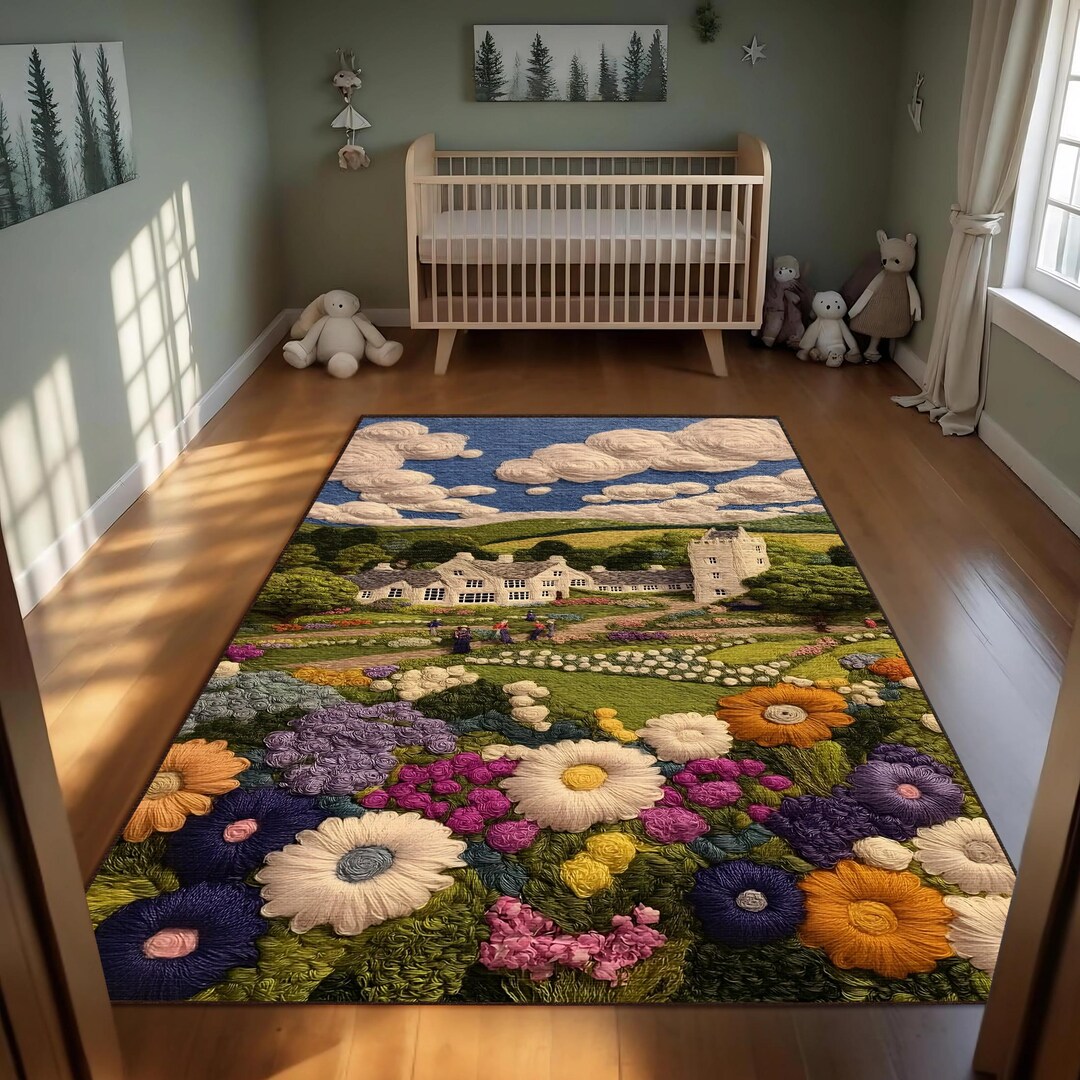 Cottagecore Garden Rug: Embroidered Floral Landscape, Non-slip ...