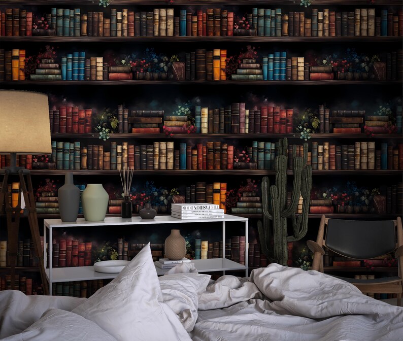 Library Book Pattern Wallpaper, Bookshelf Background, Office Wall Mural ...