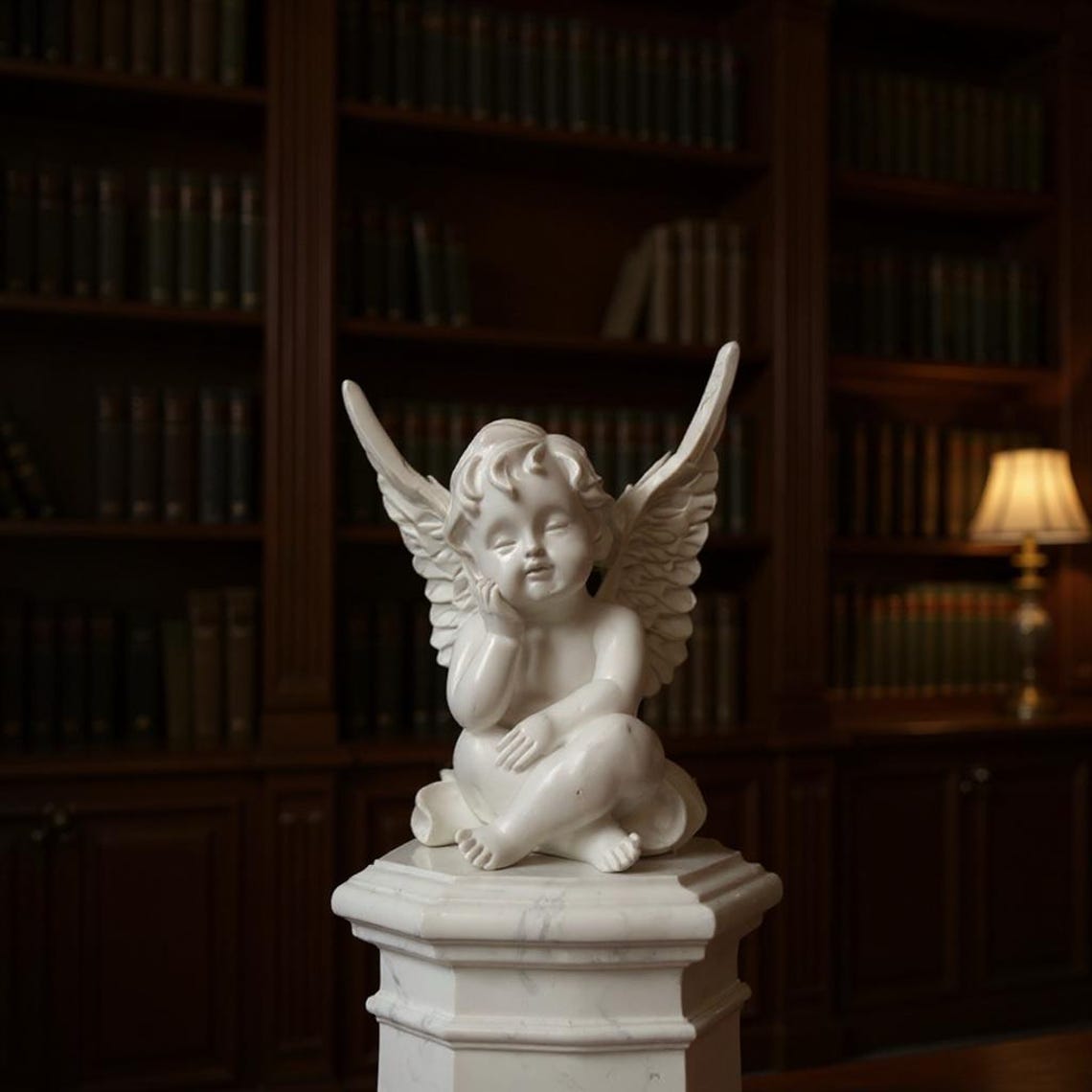 Sleeping Winged Angel Statue | Pensive Cherub Figurine | White Resin ...