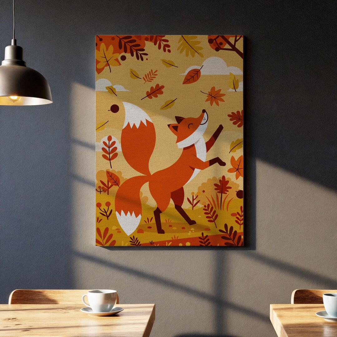 Autumn Fox Playful, Falling Leaf Cascade, Framed Woodland Scene ...