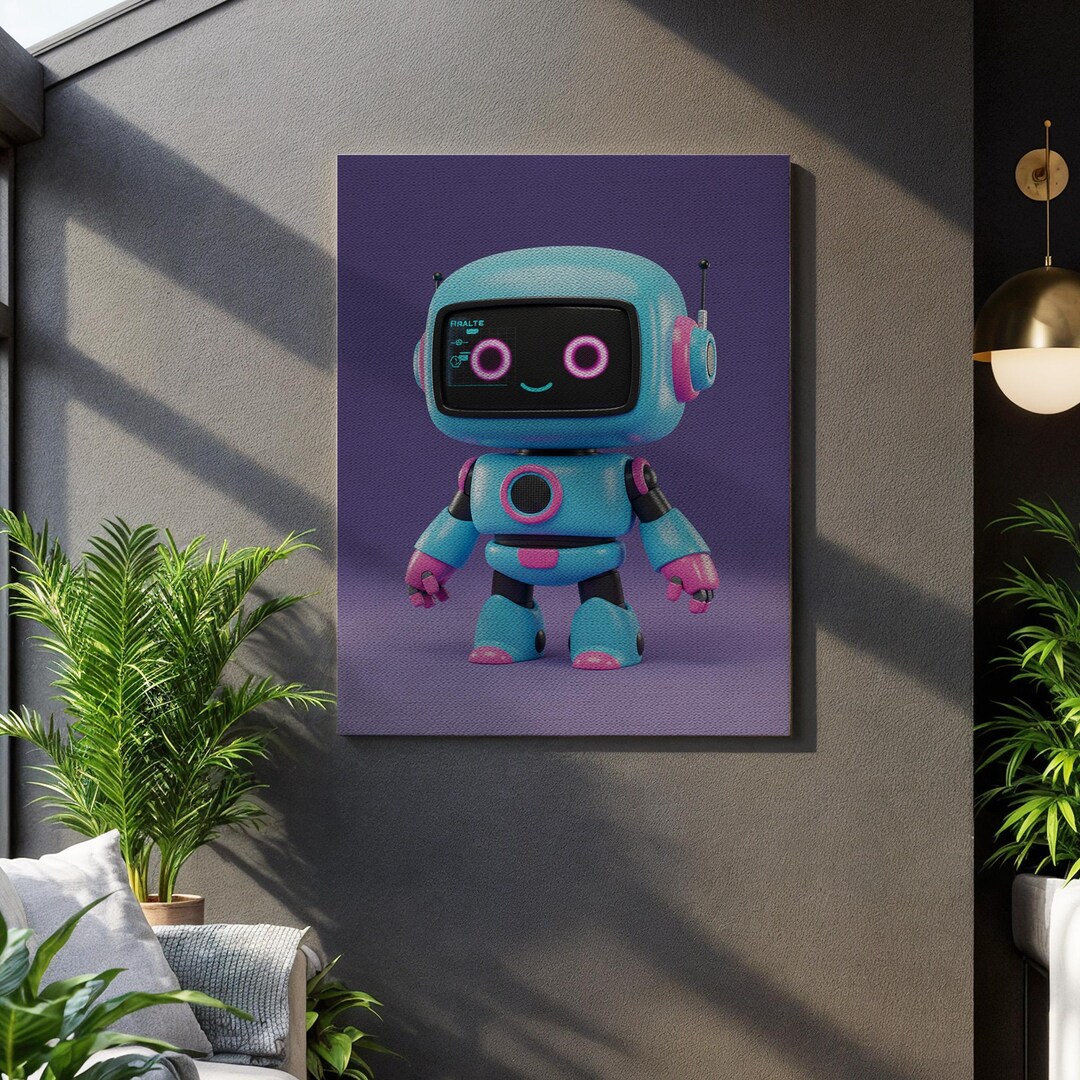 Cute Retro Robot Canvas Wall Art, Playful Blue and Pink Toy-inspired ...