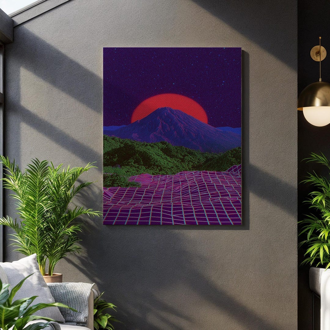 Synthwave Mountain Sunset Wall Art, Vaporwave Grid Landscape Canvas ...