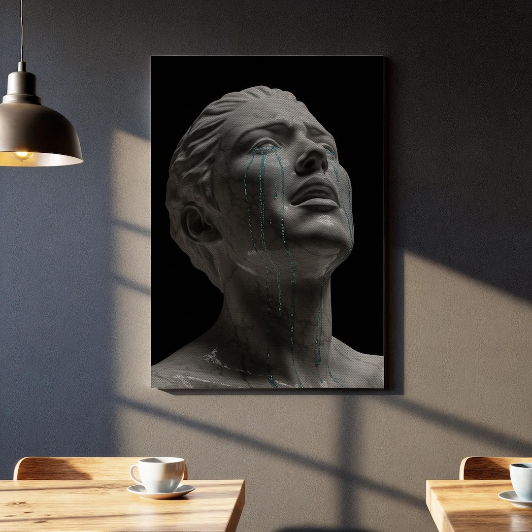 Crying Statue Canvas Wall Art, Emotional Marble Bust Print With Teal ...