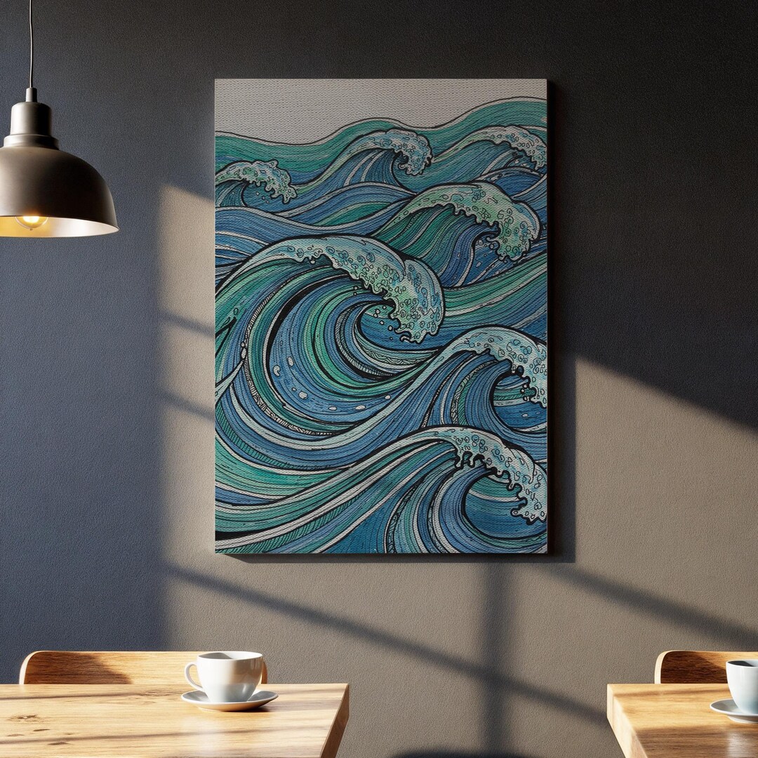 Abstract Ocean Wave Canvas Art, Hand Drawn Blue Swirl Sea Print ...