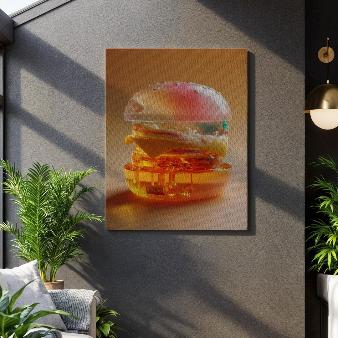 Futuristic Burger Art Print, Transparent Cheeseburger Canvas Wall Art ...