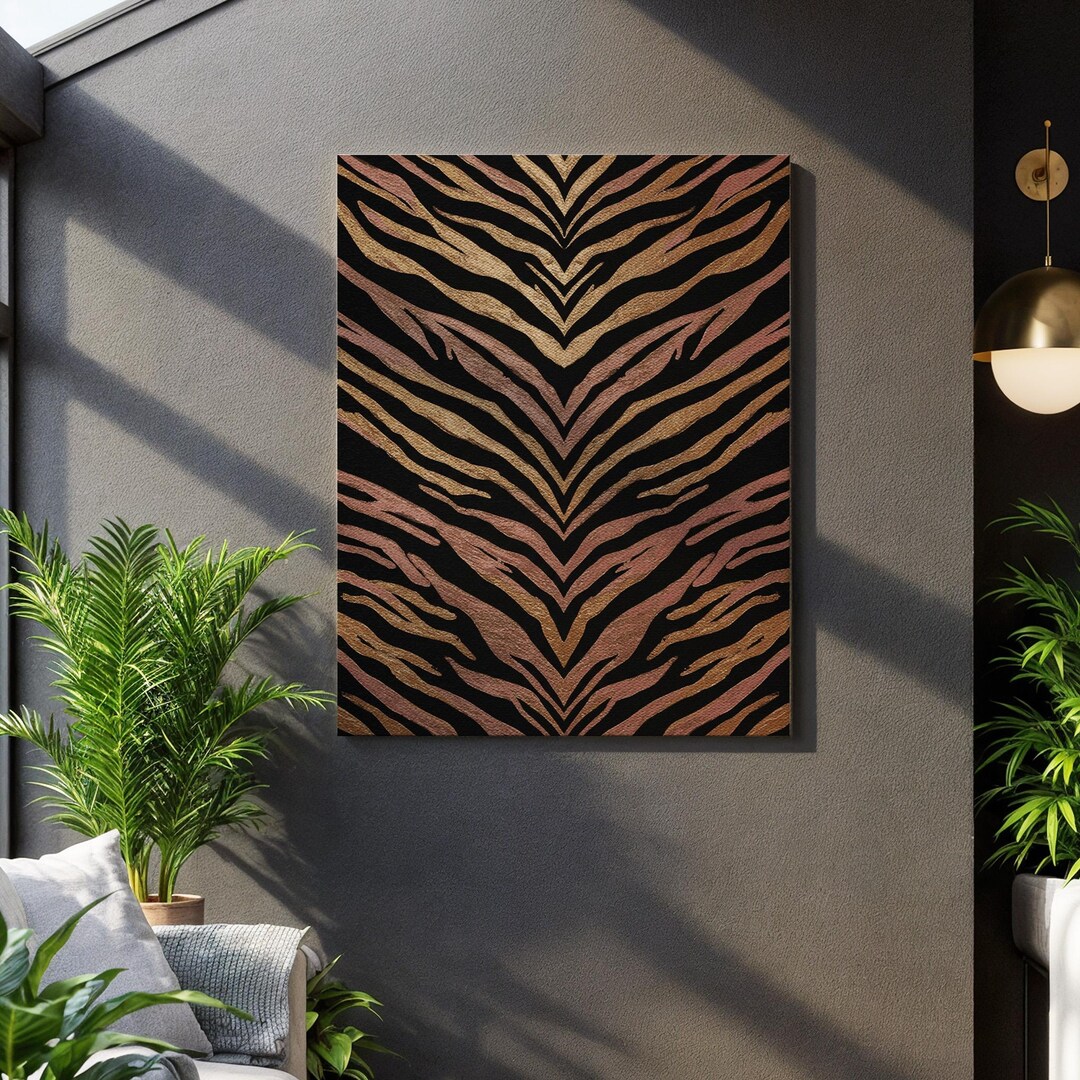 Stylized Tiger Stripes, Golden Wildlife Motif, Framed Geometric Design ...