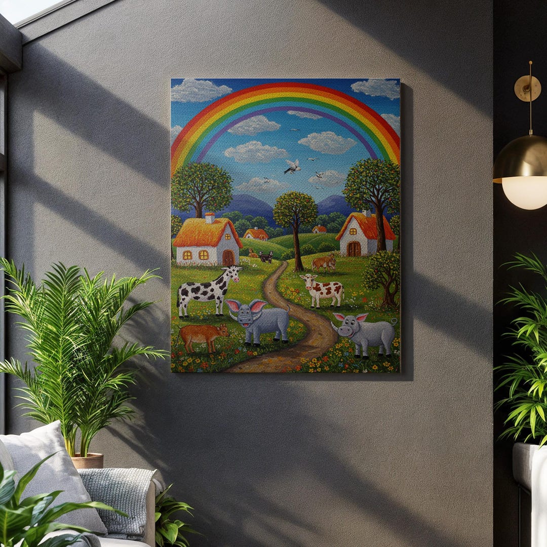 Whimsical Farm Animal Canvas Wall Art, Colorful Country Landscape Print ...