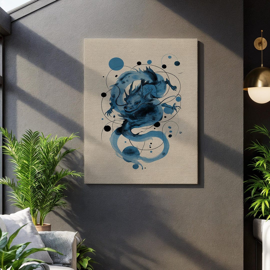 Japanese Ink Wash Print, Framed Blue Creature, Sumi-e Style Canvas ...