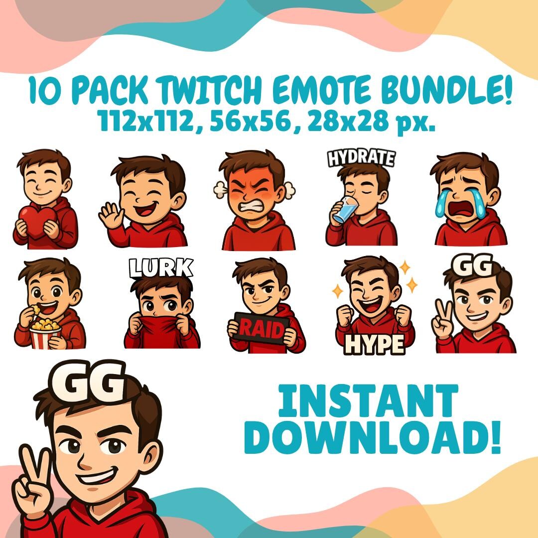 Twitch Emotes Pack - Red Hoodie Boy | Twitch - KICK - OBS Emotes 10 ...