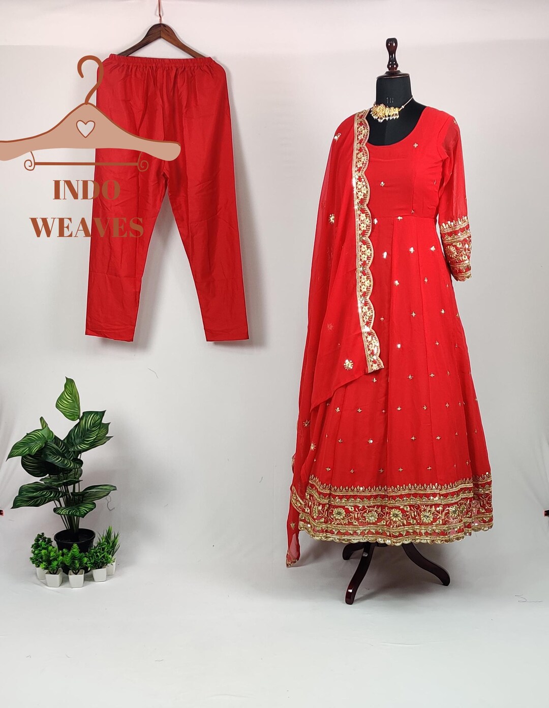 Red Anarkali Long Gown With Dupatta, Sequin Embroidery With Front ...