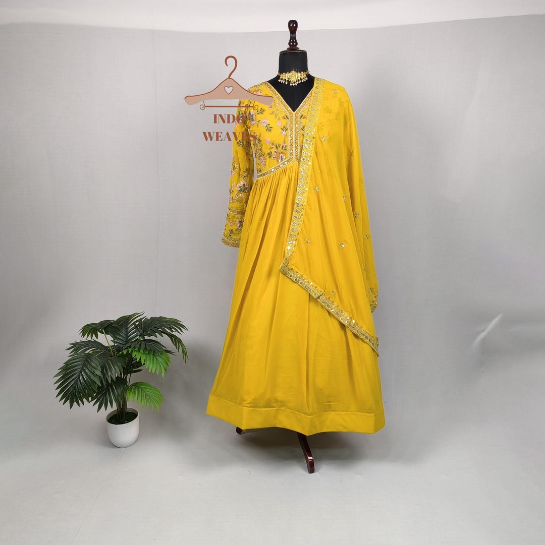 Yellow Embroidered Anarkali Gown, Pakistani Indian Thread Work Salwar ...