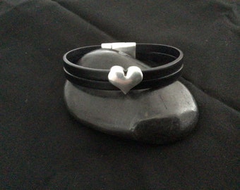 Leather Heart Cuff ... Heart Stacking Bracelet ... Valentine Bracelet ...