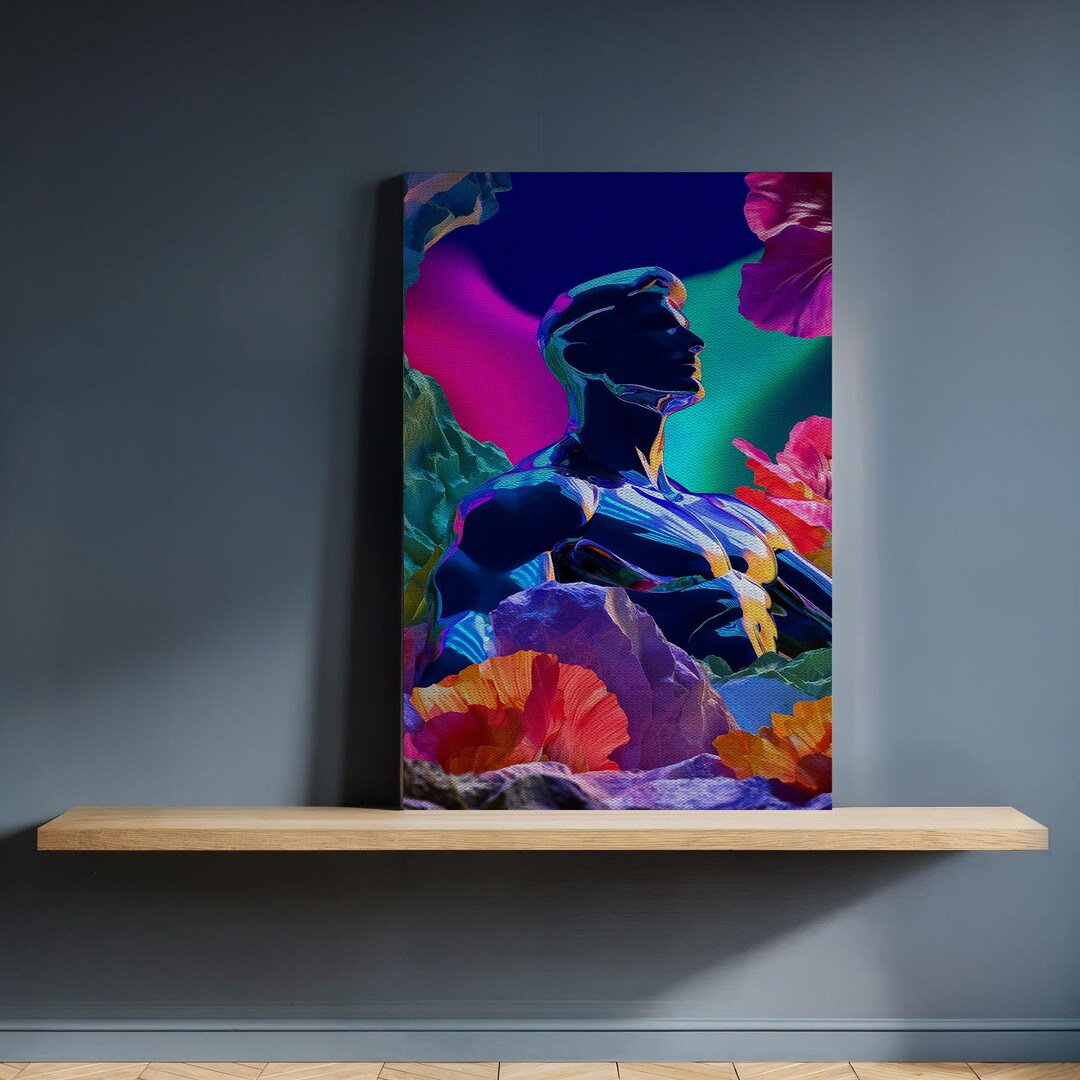 Neon Male Figure Canvas Print, Colorful Floral Surrealism, Framed Art ...