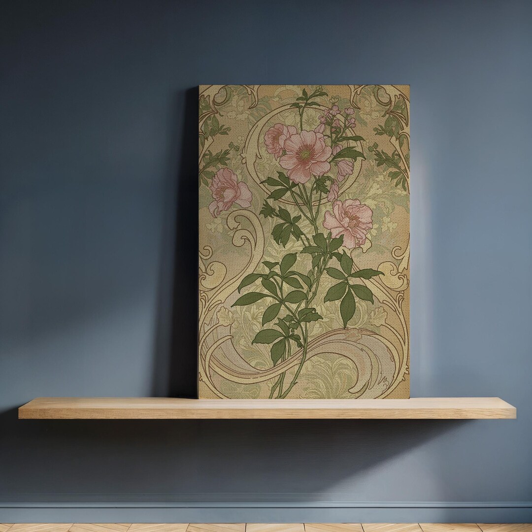 Vintage Botanical Canvas Wall Art With Pink Flowers, Floral Scroll ...