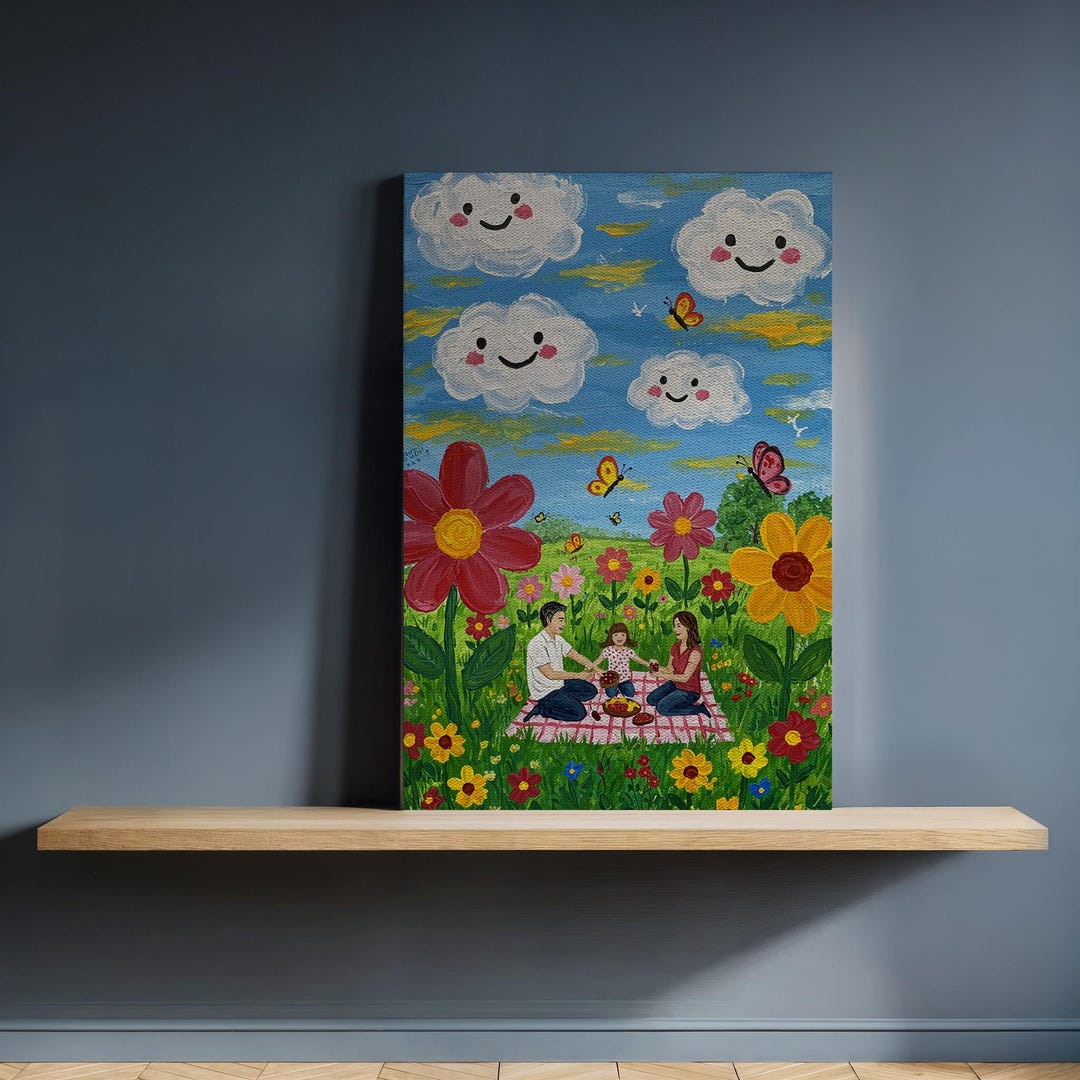 Framed Family Picnic Canvas Art, Whimsical Nature Scene With Happy ...