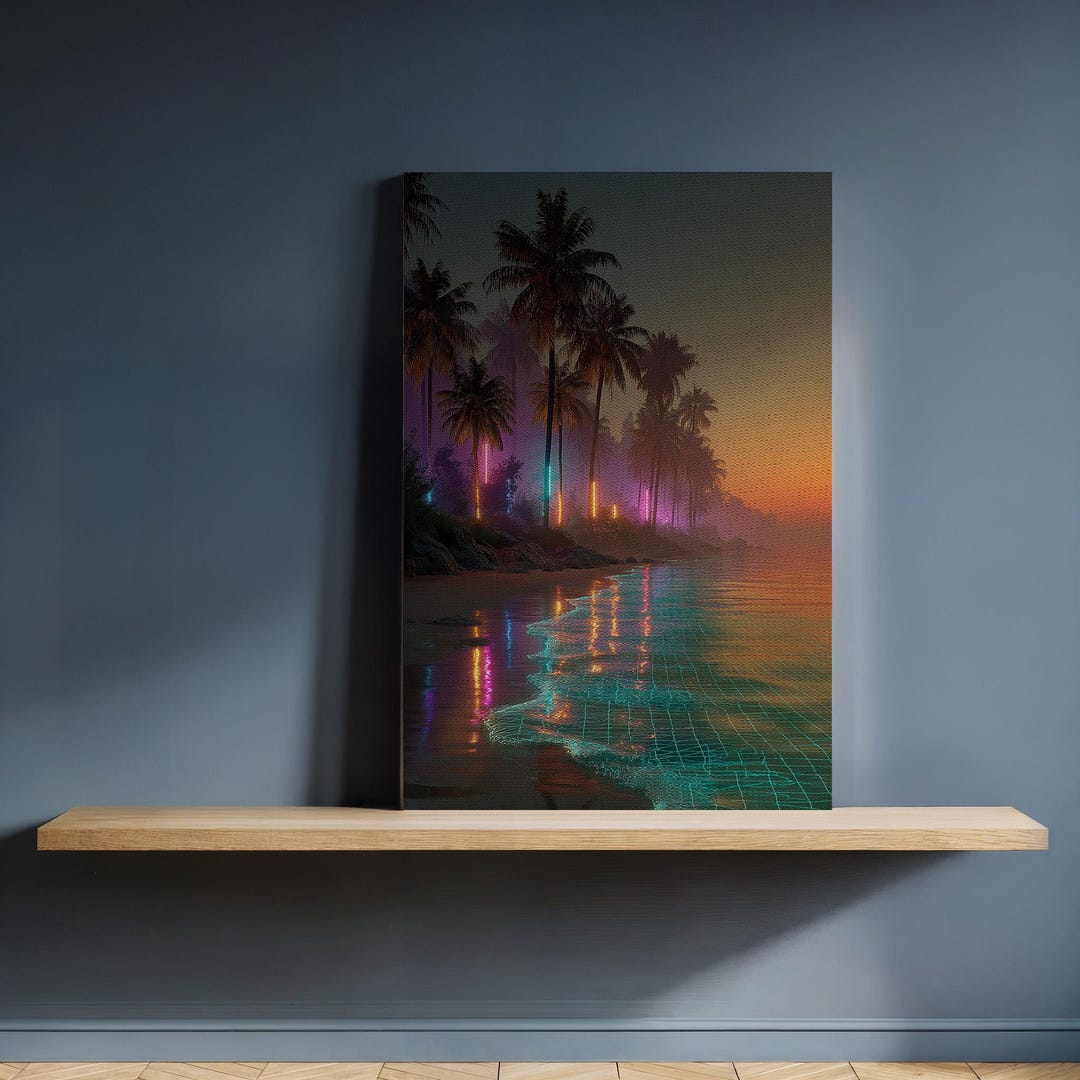Framed Neon Tropical Beach Canvas Wall Art, Vaporwave Sunset With Palm ...